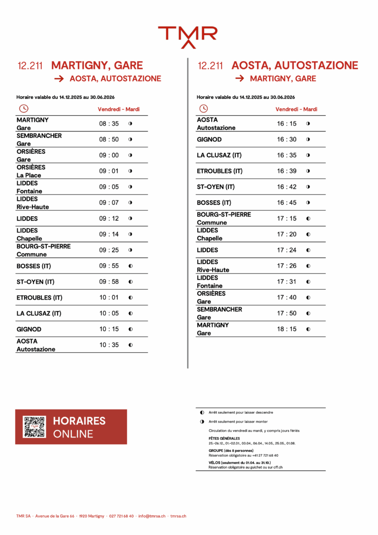 Bus Martigny-Aoste, nouveaux horaires de week-end à partir du 15 décembre